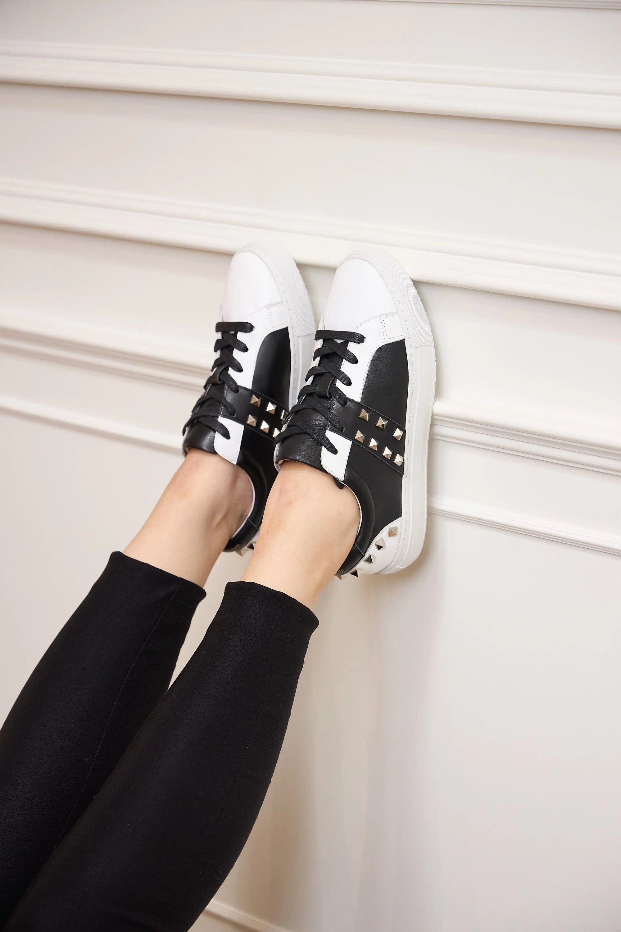 Womens White and Black Trainers with Studs | Soft Insoles